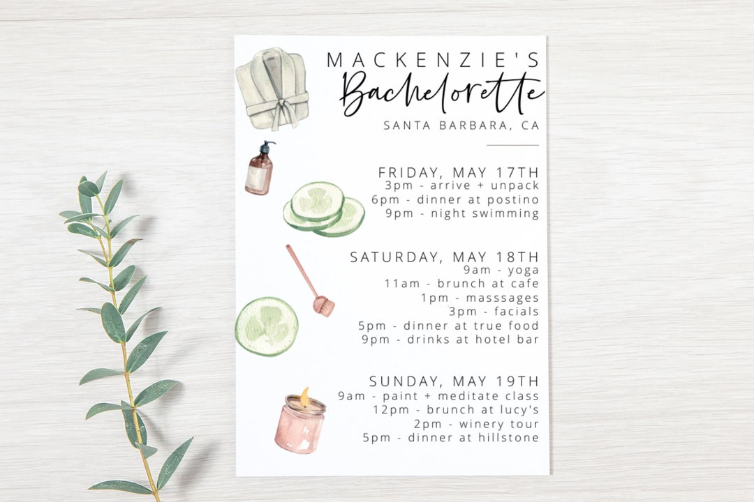 Bachelorette Itinerary - Spa Weekend | DOWNLOADABLE TEMPLATE - Etsy