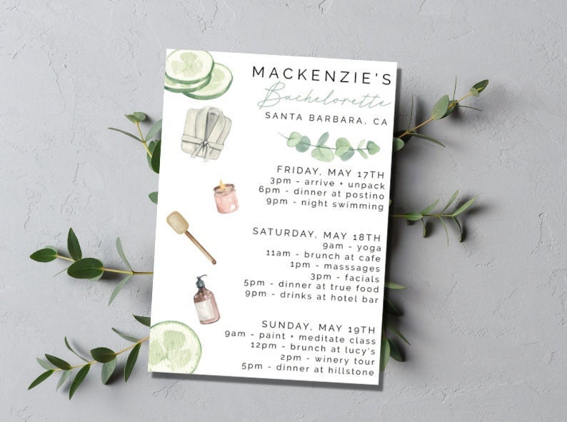 Bachelorette Itinerary - Spa Weekend || DOWNLOADABLE TEMPLATE - Etsy
