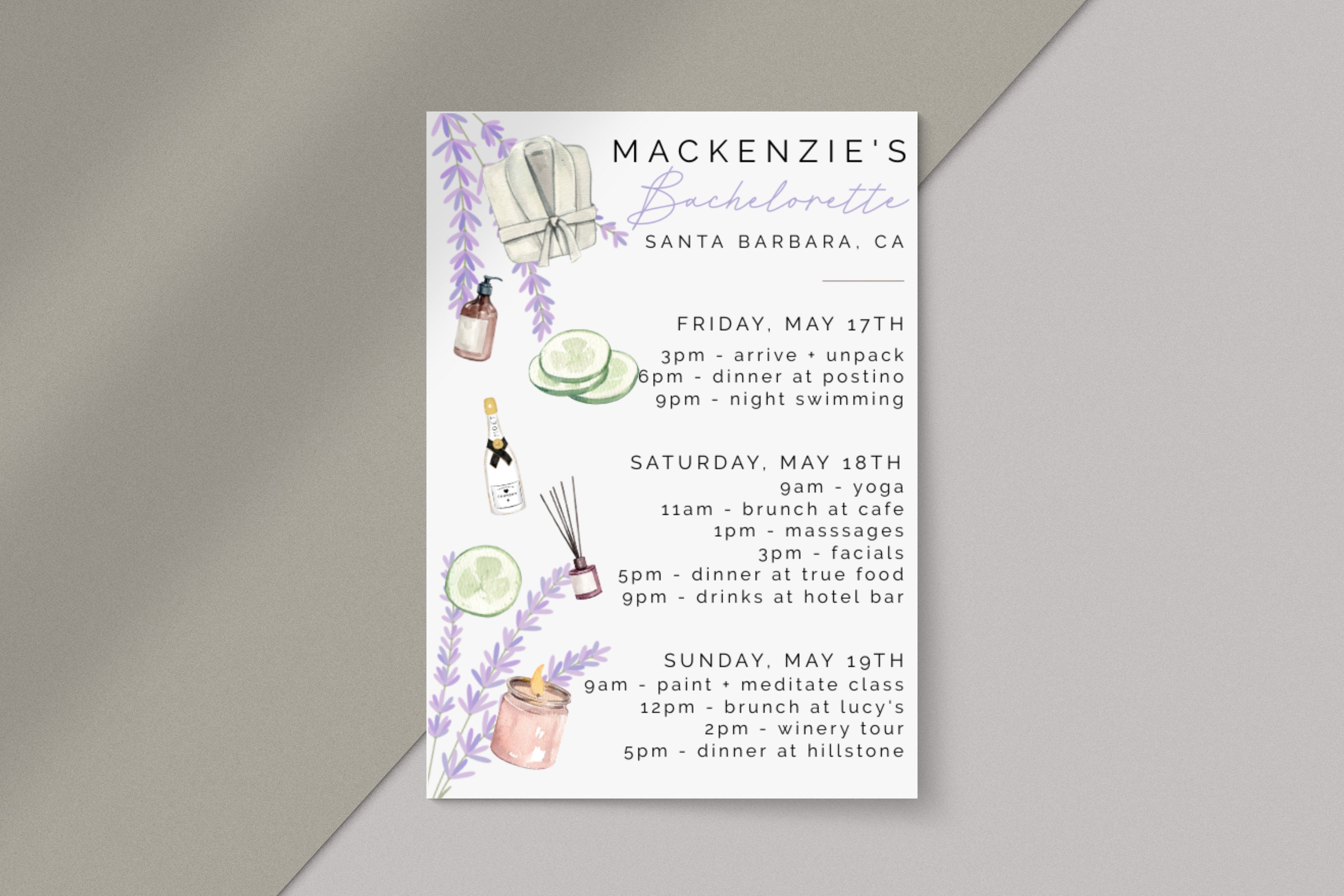 Bachelorette Itinerary Spa Weekend DOWNLOADABLE TEMPLATE - Etsy