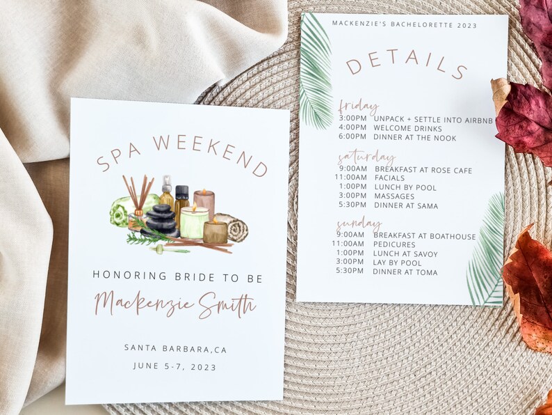 Bachelorette Itinerary - Spa Weekend || DOWNLOADABLE TEMPLATE - Etsy