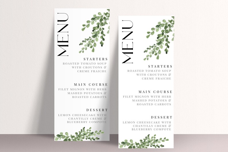 Menu Template Greenery Modern Customizable INSTANT Download Template - Etsy
