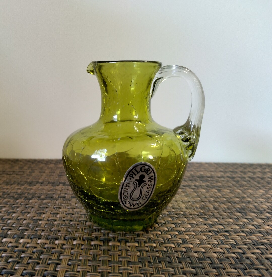 Vintage Pilgrim Glass Pitcher - Avocado Green Crackle Glass - Hand ...