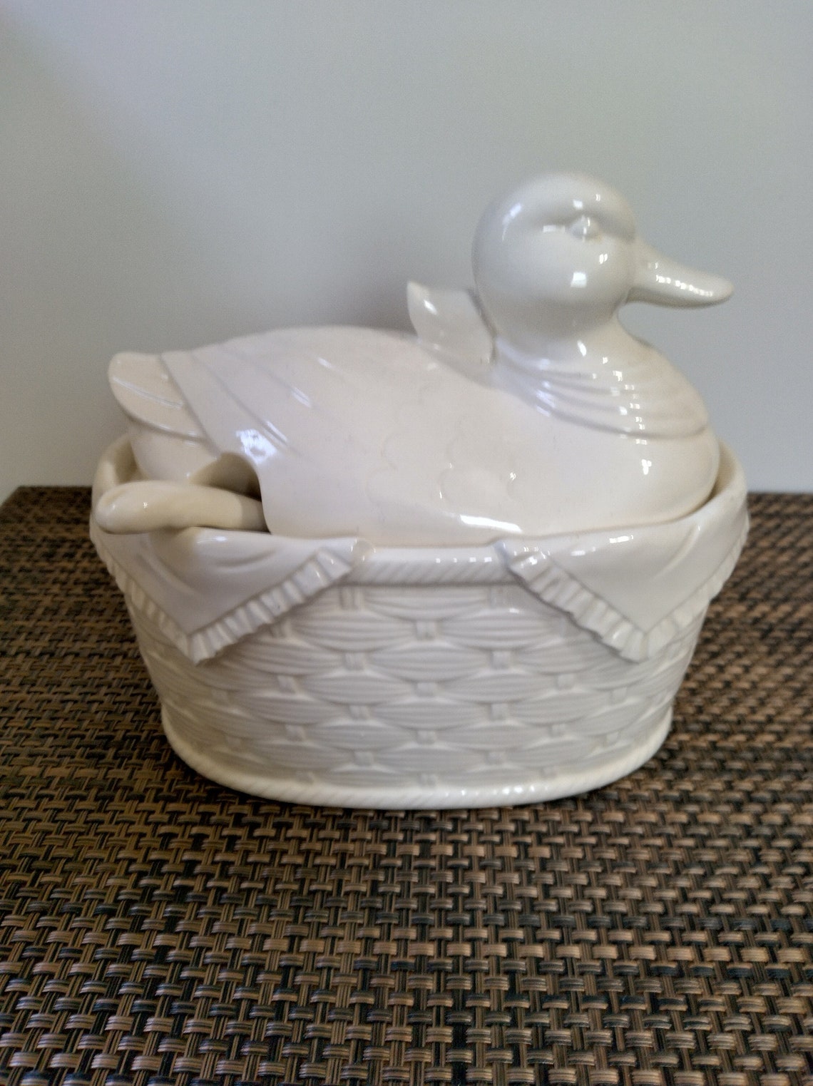 Vintage White Ceramic Duck on Basket Soup Tureen With Ladle - Etsy