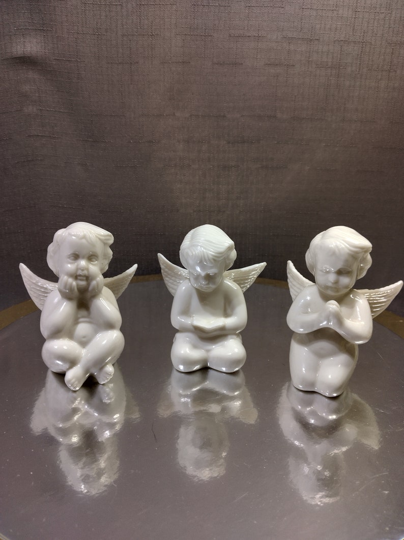 Set of Three Vintage 80s White Ceramic Cherub Angel Figurines Reading ...