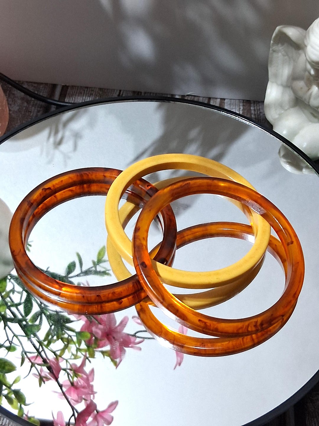 Vintage 80s Bangle Set • Tortoise Shell & Yellow Acrylic Bracelets ...