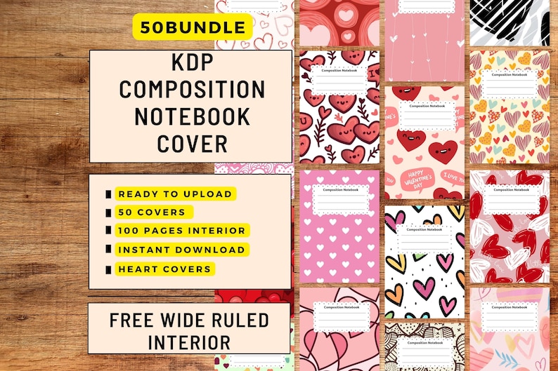 50 Buddle KDP Cute Heart Composition Notebook Cover Size 7.5x9.25 - Etsy