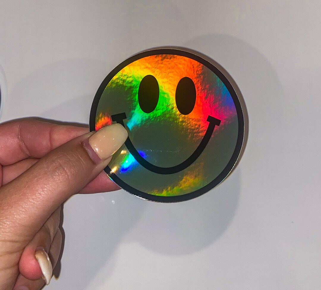 Holographic Smiley Face Sticker, Vinyl, Cute, Trendy, Laptop Stickers ...