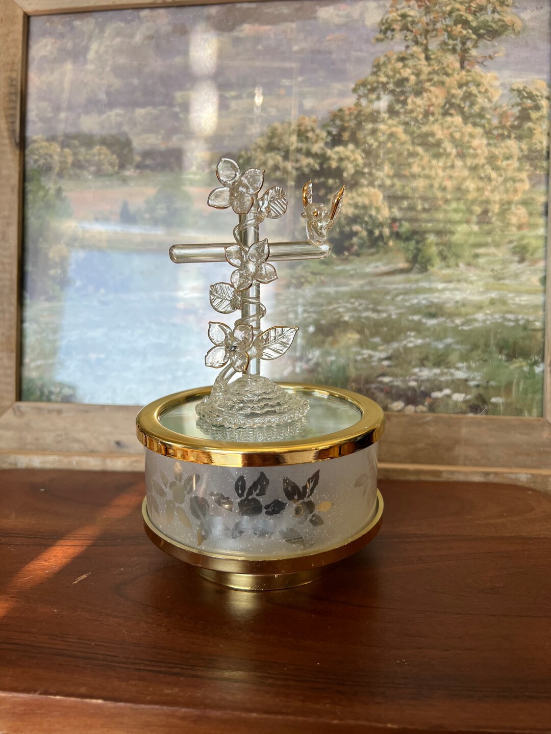 Vintage Music Box With Frosted Glass Bird, Gold, Grand Millennial ...