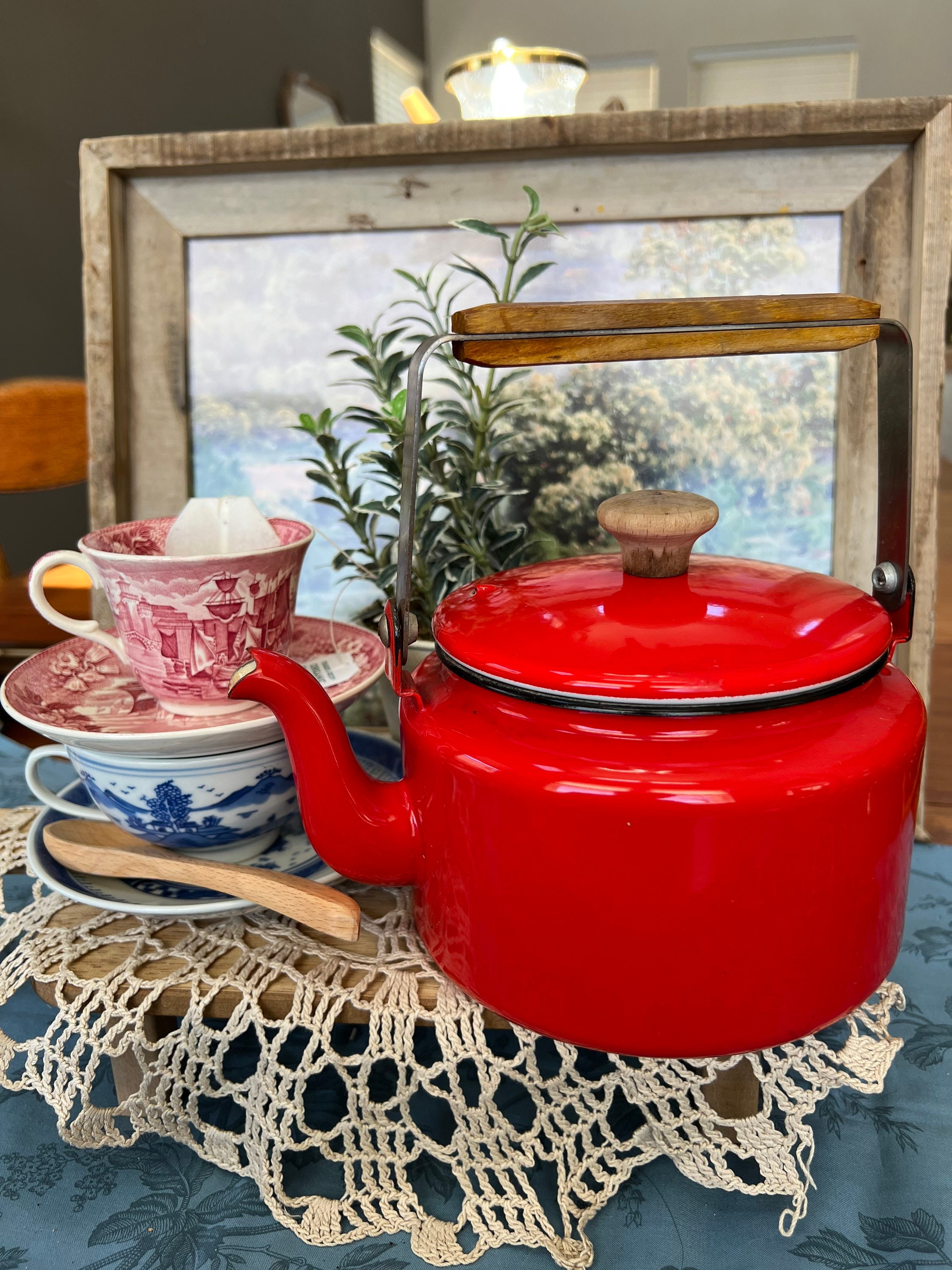 Vintage Red Enamel Teapot, Enamel Teapot, Red Tea Kettle With Wooden ...