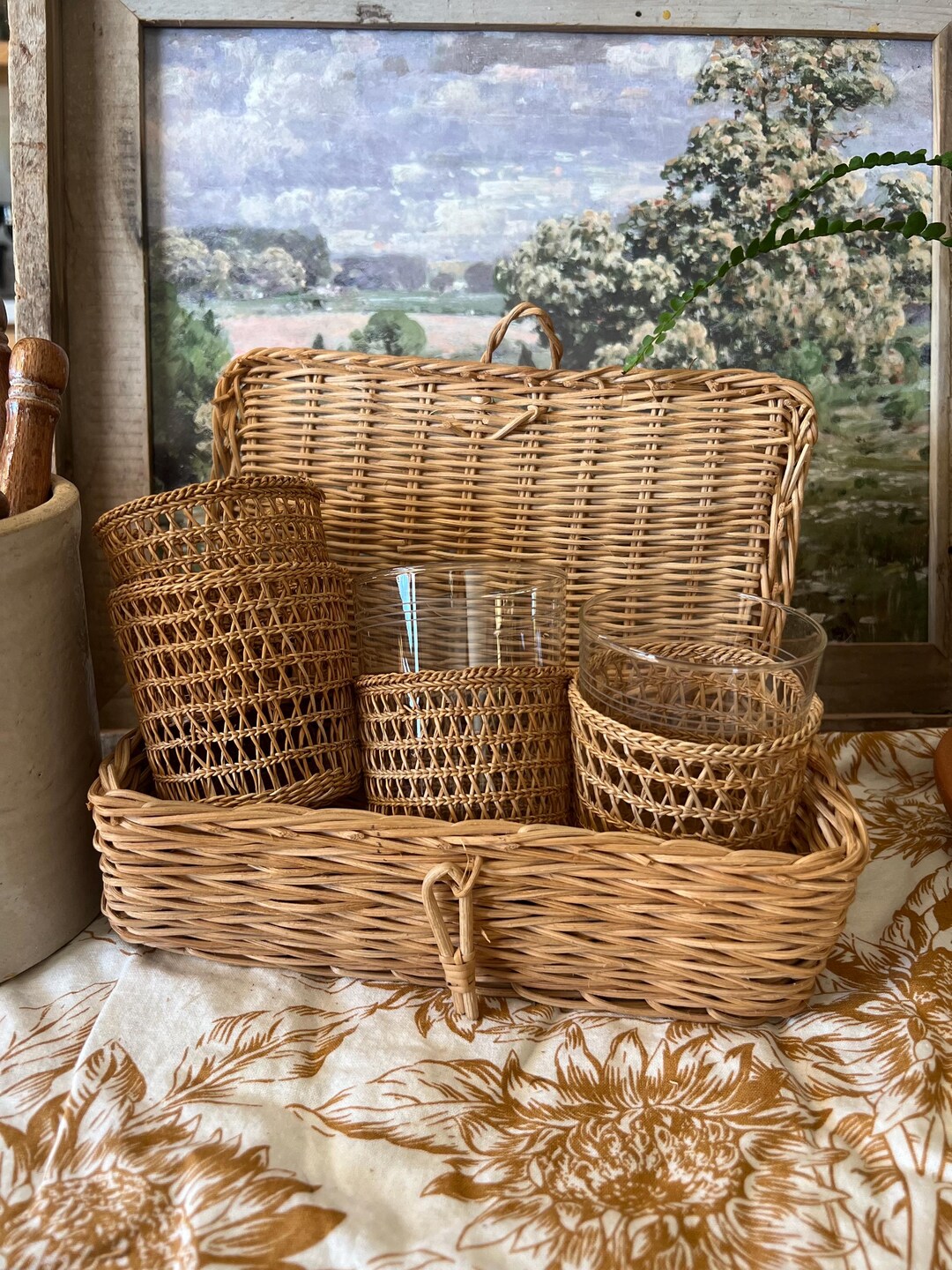 Vintage Wicker Rattan Cup Holders, Cottagecore Kitchen, Farmhouse Cup ...