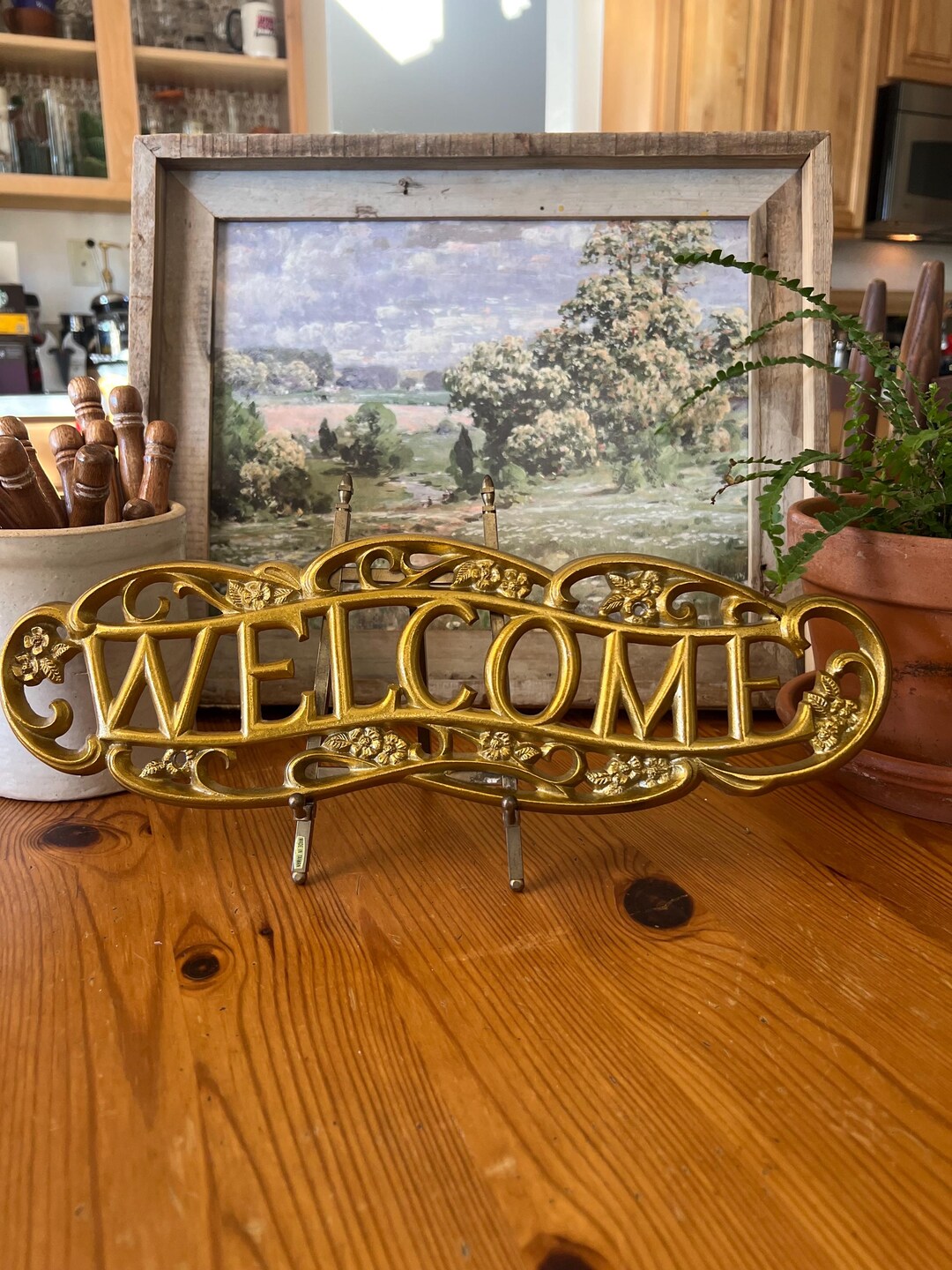 Vintage Sexton Aluminum Welcome Sign 1986 Gold Tone Scroll With Flowers ...