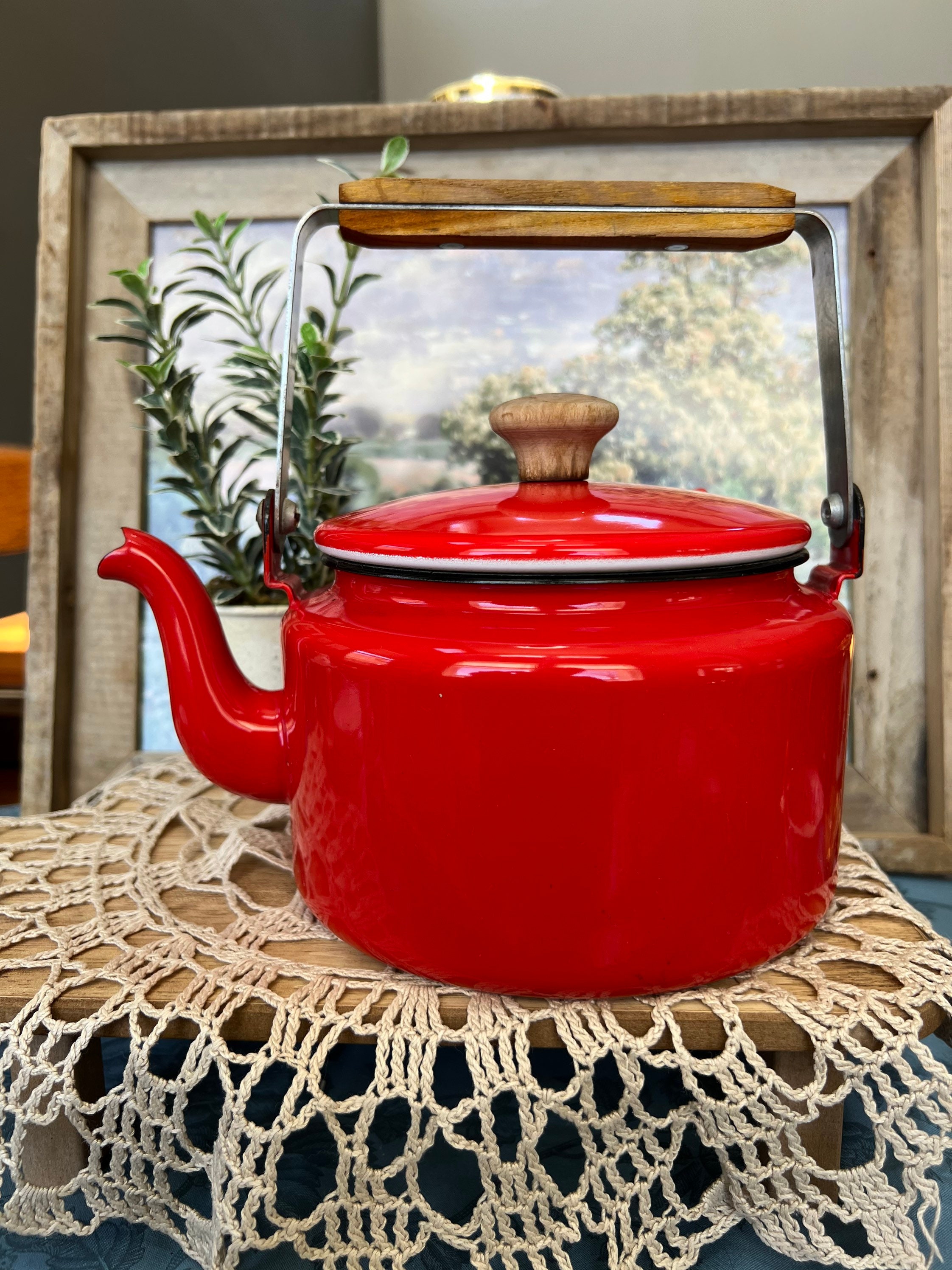 Vintage Red Enamel Teapot, Enamel Teapot, Red Tea Kettle With Wooden ...