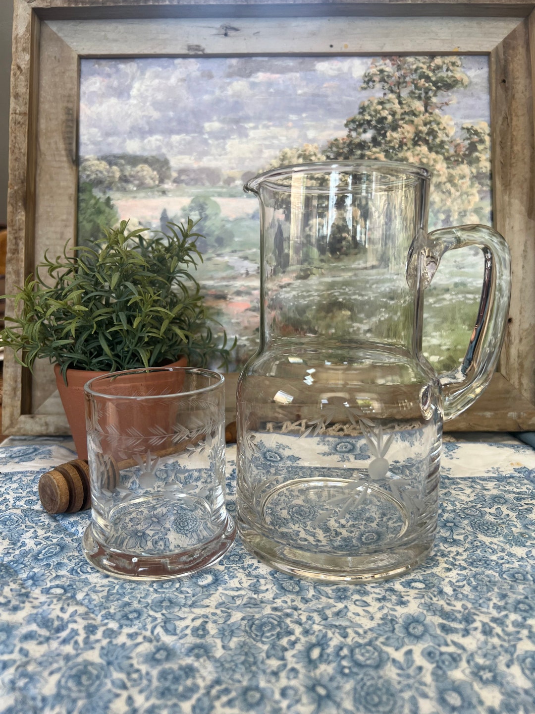 Flower Carafe Set, Flower and Leaves Etched, Glass Carafe and Matching Glass Cup, Vintage ...