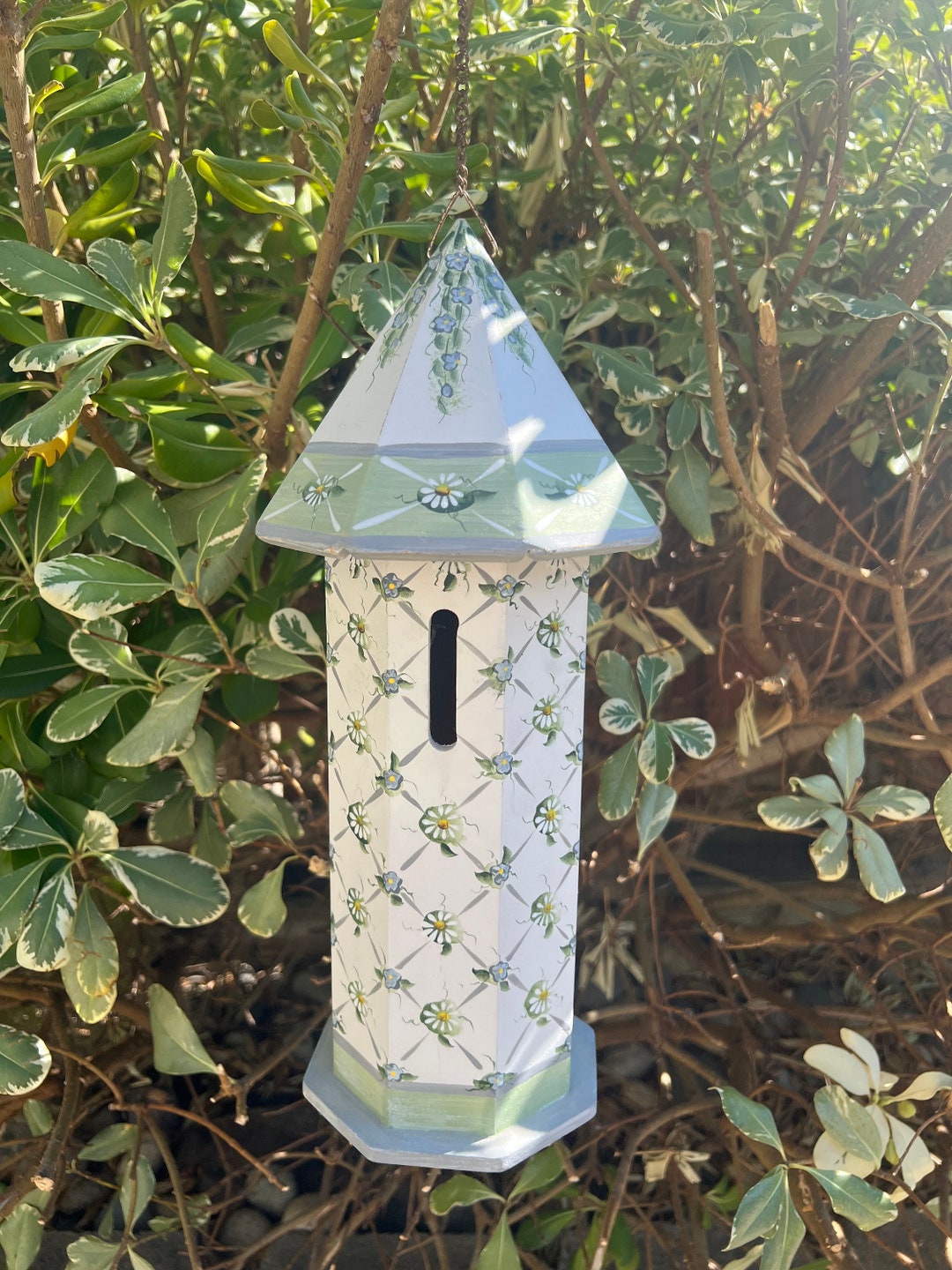 Birdhouse, Vintage Handmade White and Blue Print Birdhouse, Decorative ...