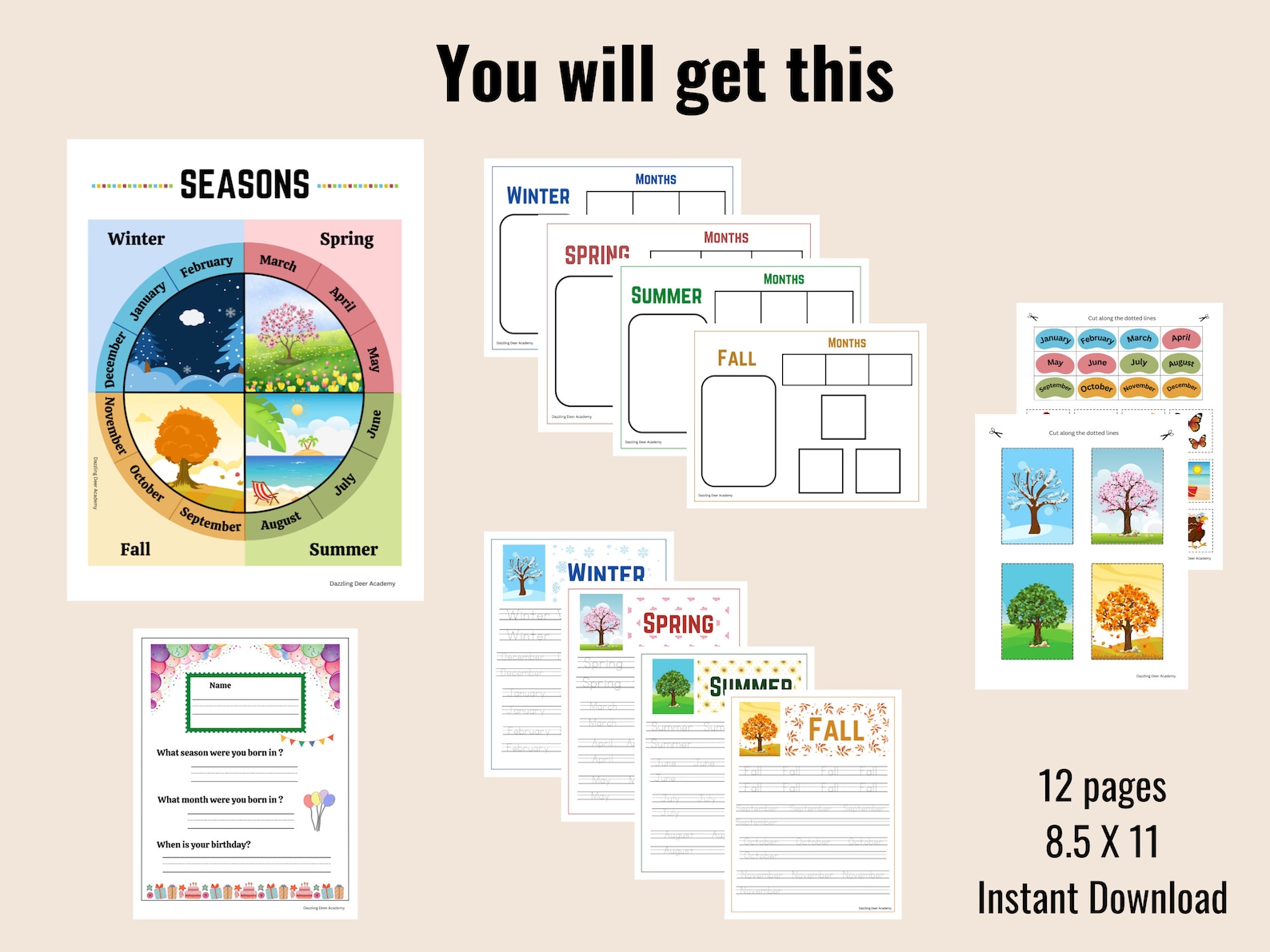 Seasons Printable for Kids, Months of the Year Matching Game, Four ...