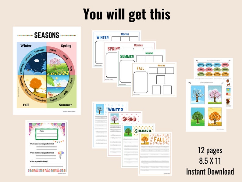 Seasons Printable for Kids, Months of the Year Matching Game, Four ...