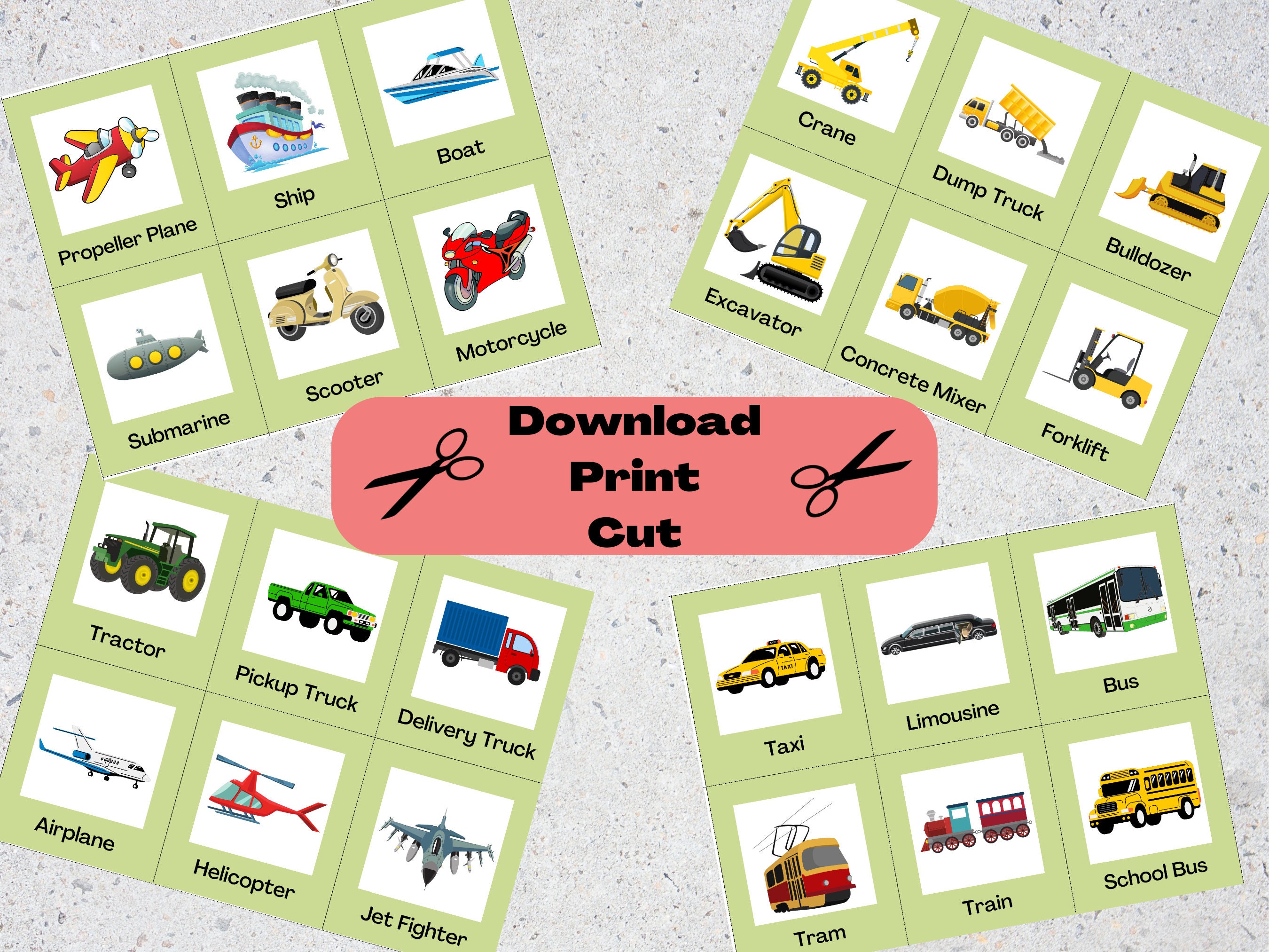 30 Vehicle Flashcards Montessori Cards for Kids Printable Construction ...