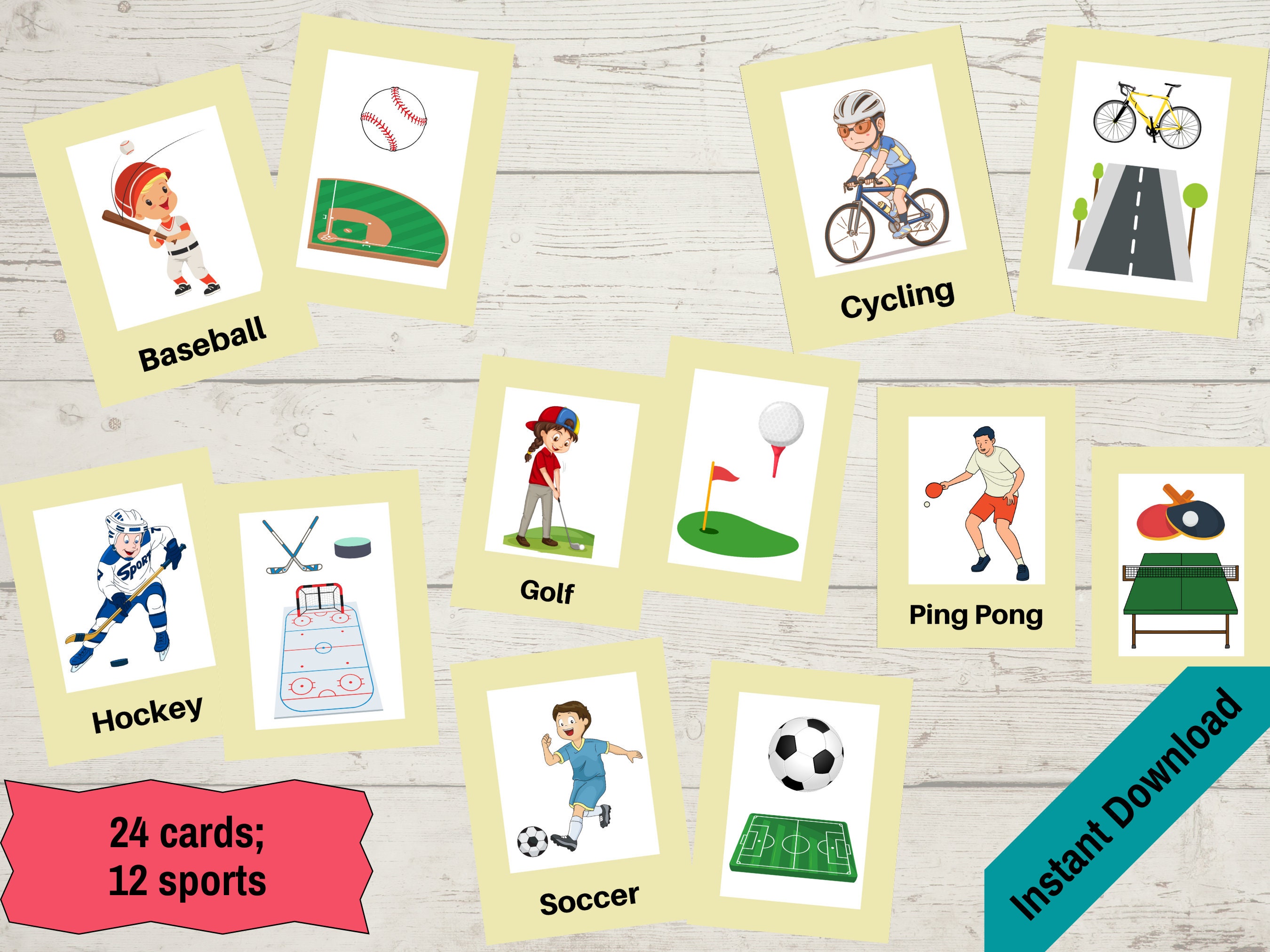 24 Sports Flashcards and Matching Game for Kids, Association Card ...