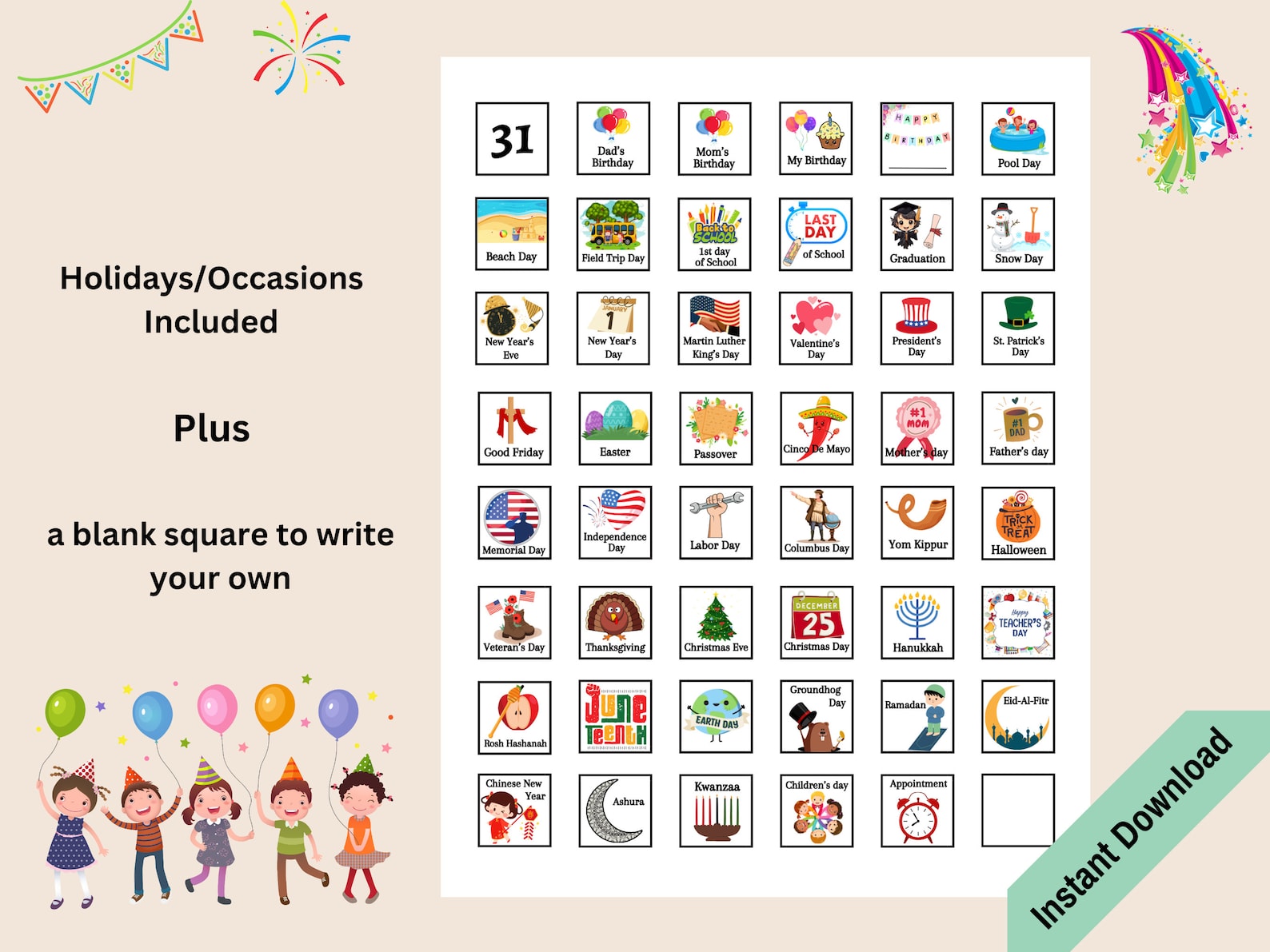 Kids Calendar Printable, Daily Perpetual Wall Calendar, Homeschool ...