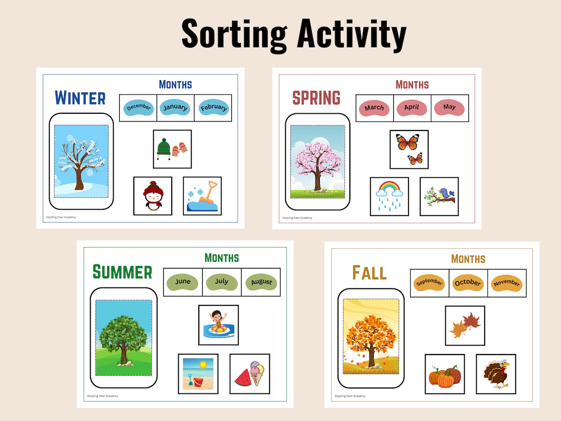 Seasons Printable for Kids, Months of the Year Matching Game, Four ...
