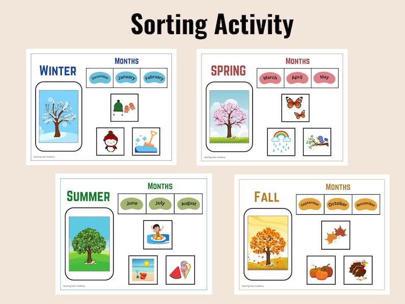 Seasons Printable for Kids, Months of the Year Matching Game, Four ...