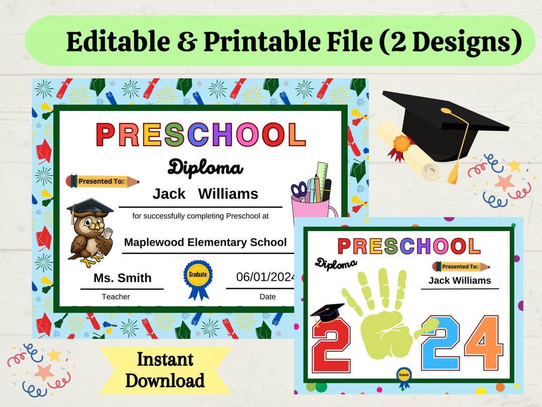 Editable Preschool Diploma, Printable Preschool Graduation Certificate ...