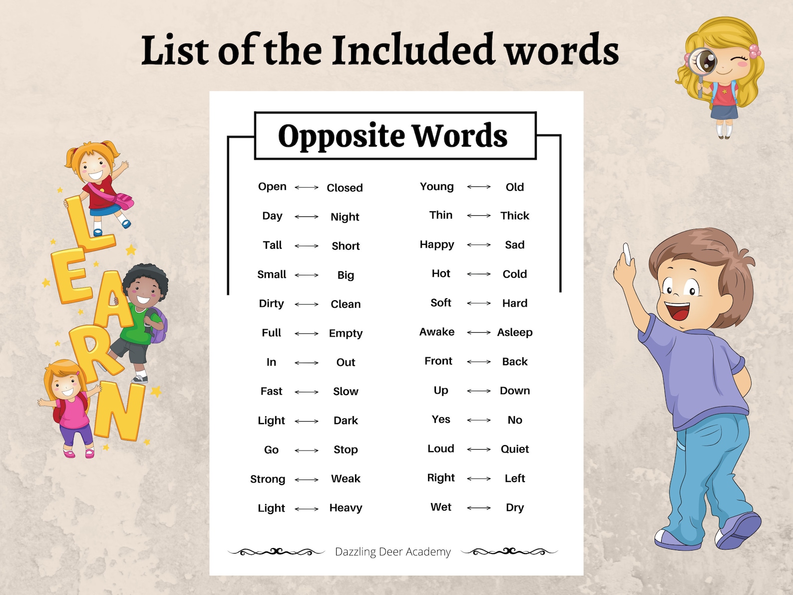 48 Opposite Words Kids Flashcards, Opposites Matching Game, Opposites ...