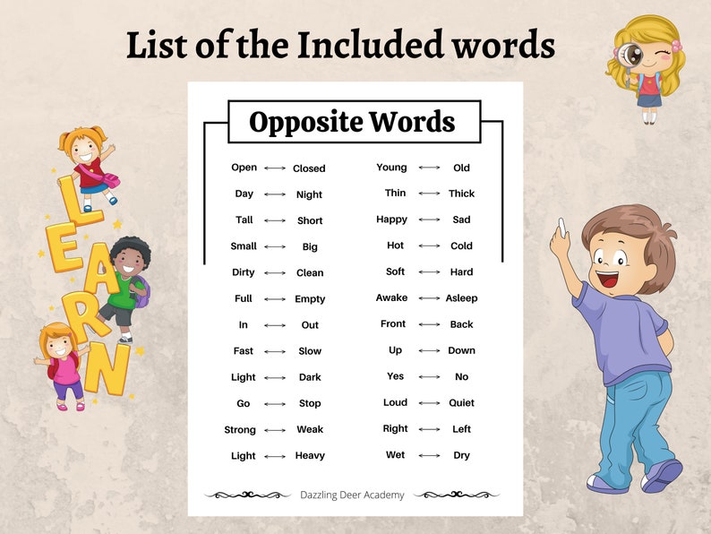 48 Opposite Words Kids Flashcards, Opposites Matching Game, Opposites ...