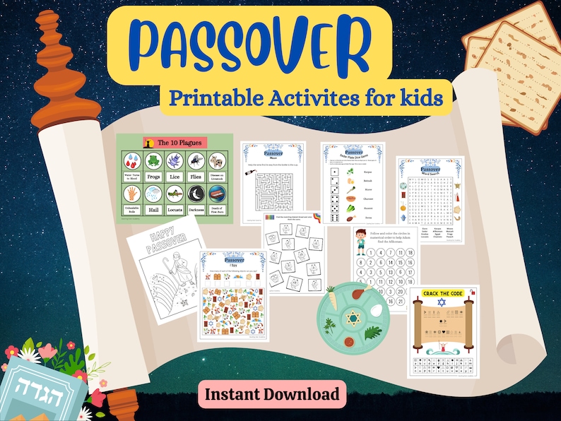 Printable Passover Activity Book for Kids, Pesach Activity Pages, Maze ...