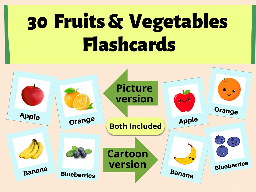 30 Fruits and Vegetable Flashcards, Picture and Cartoon Montessori ...