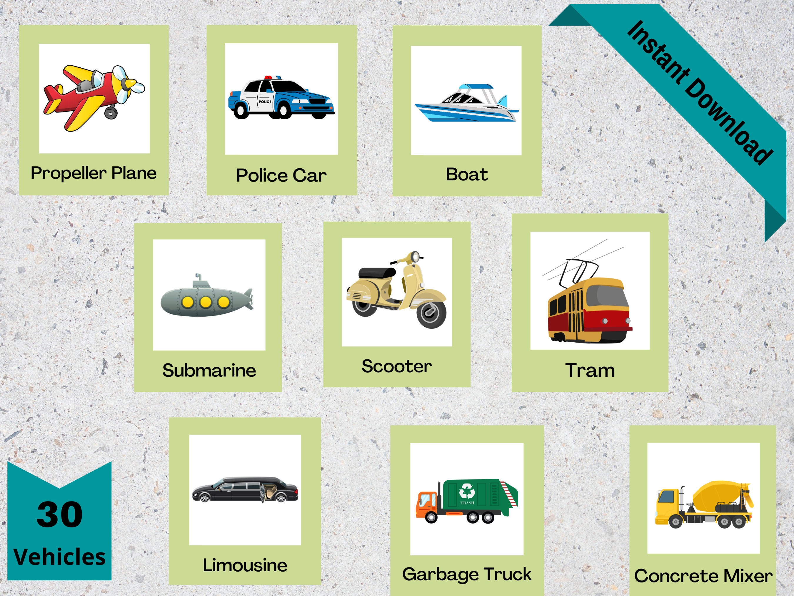 30 Vehicle Flashcards Montessori Cards for Kids Printable Construction ...