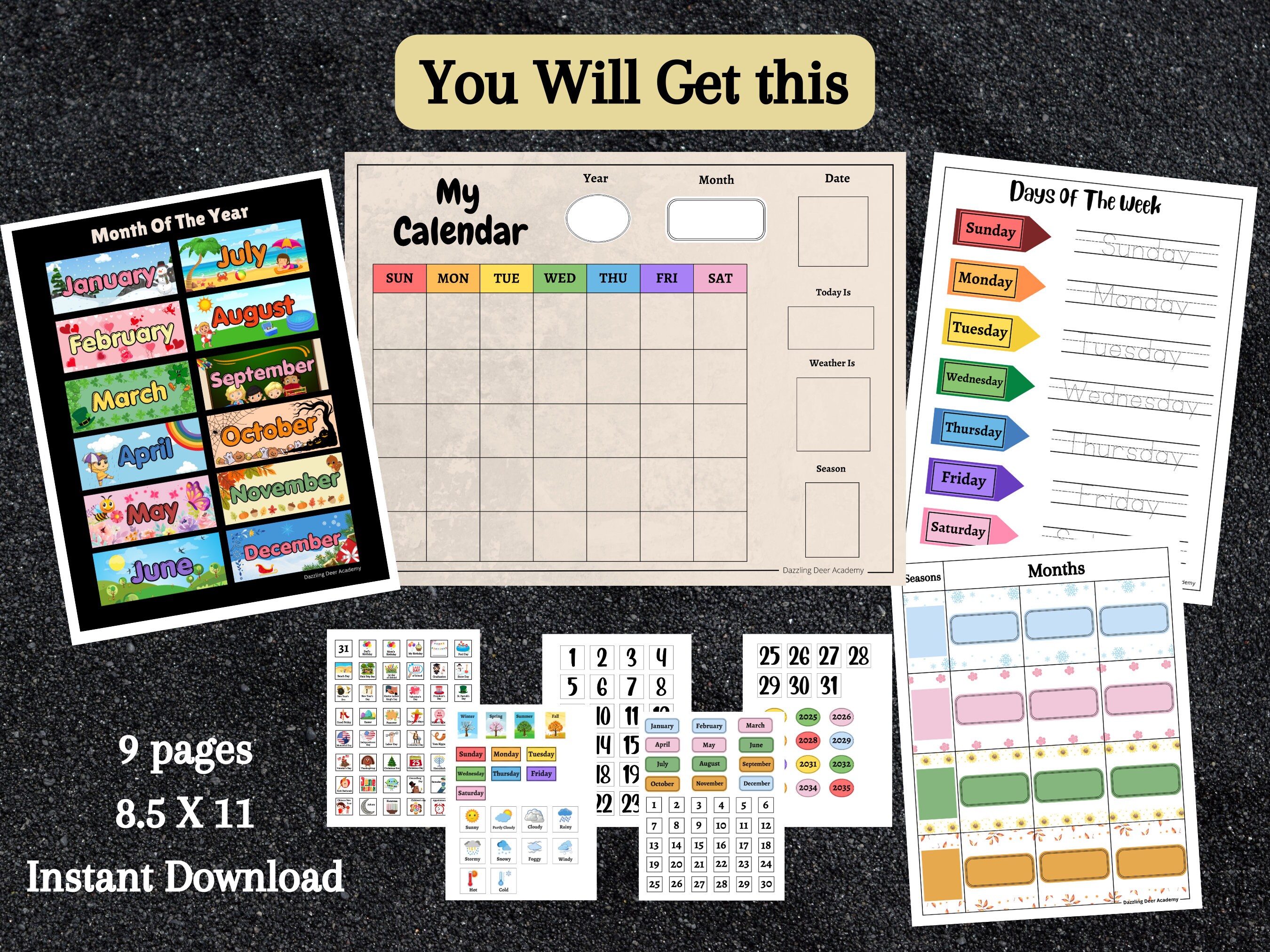 Kids Calendar Printable, Daily Perpetual Wall Calendar, Homeschool ...