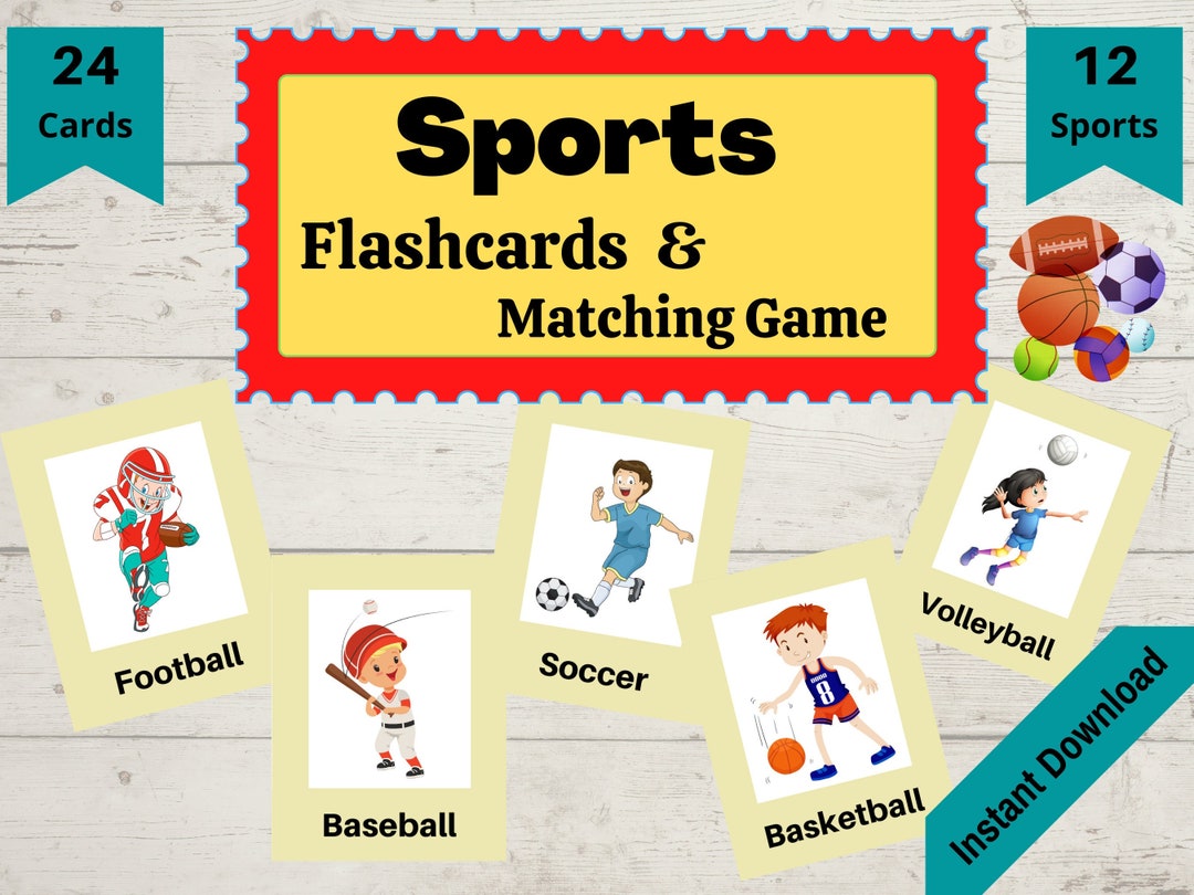 24 Sports Flashcards and Matching Game for Kids, Association Card ...