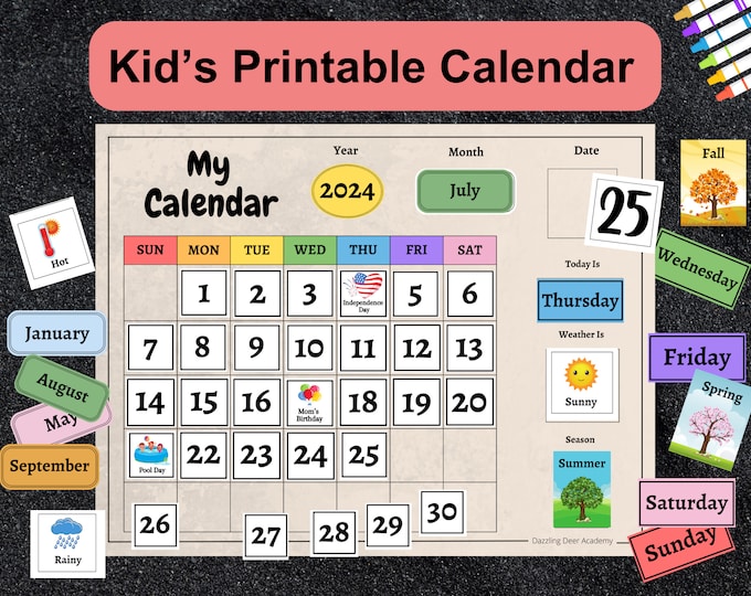 Preschool Kids Calendar Board Printable Pages | Perpetual Today Date ...