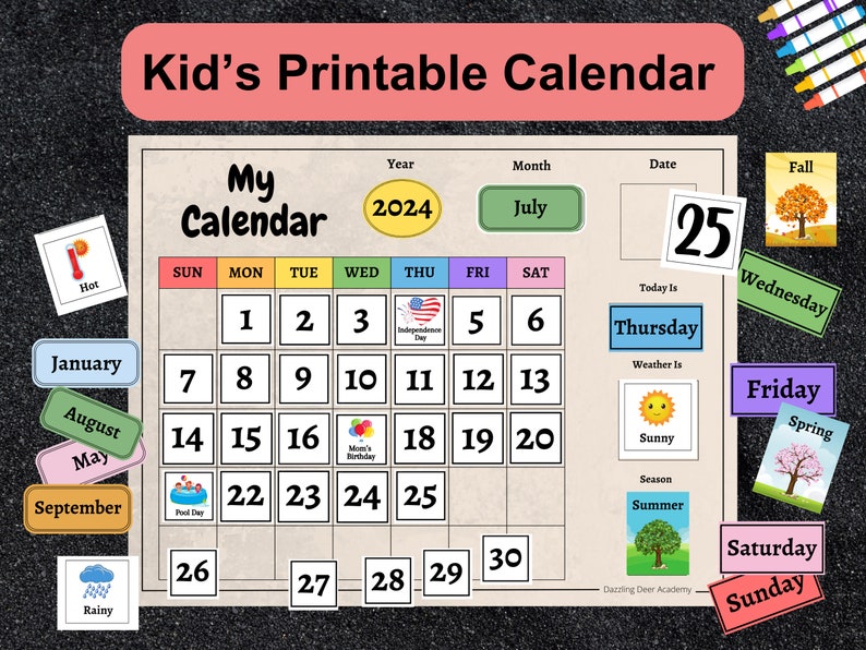 Kids Calendar Printable, Daily Perpetual Wall Calendar, Homeschool ...
