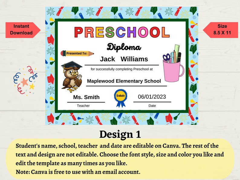 Editable Preschool Diploma Printable Preschool Graduation - Etsy