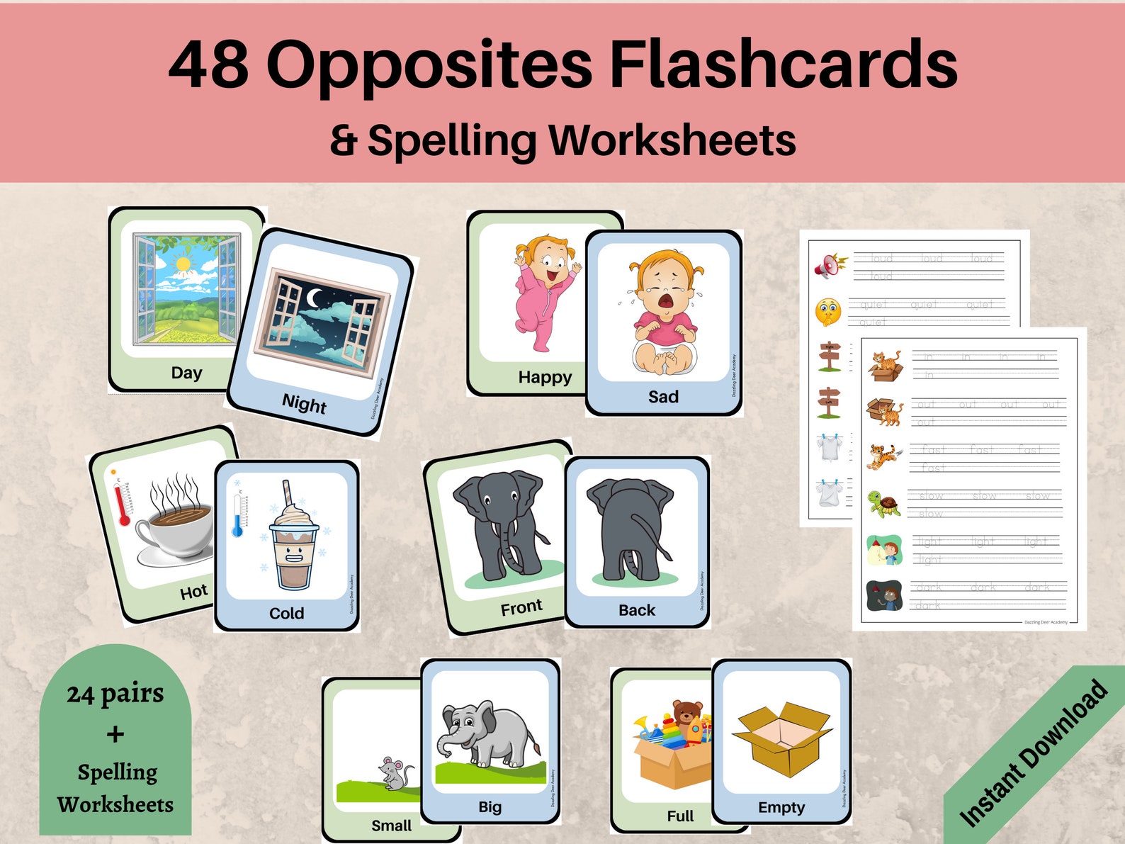 48 Opposite Words Kids Flashcards, Opposites Matching Game, Opposites ...