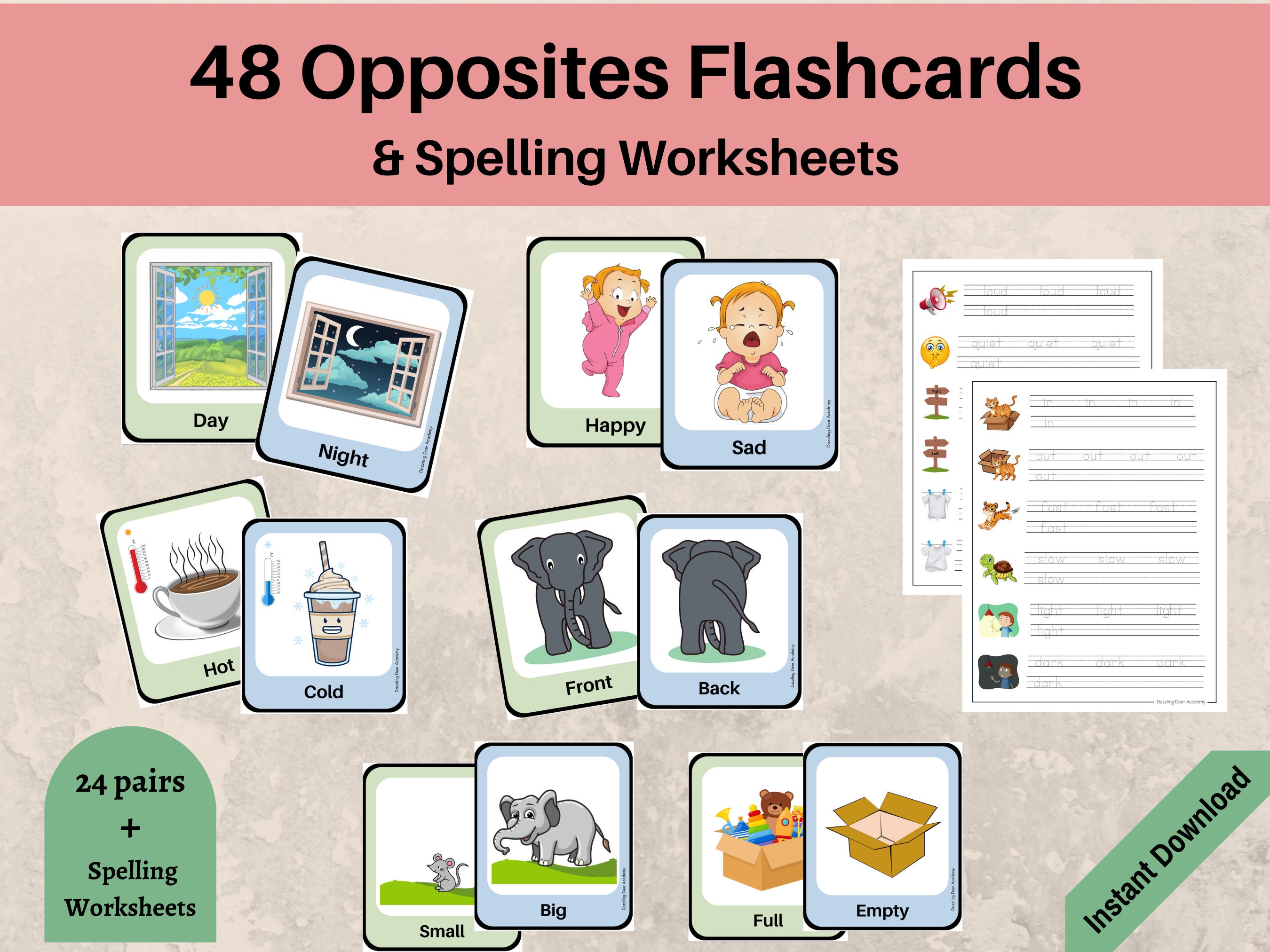 48 Opposite Words Kids Flashcards, Opposites Matching Game, Opposites ...
