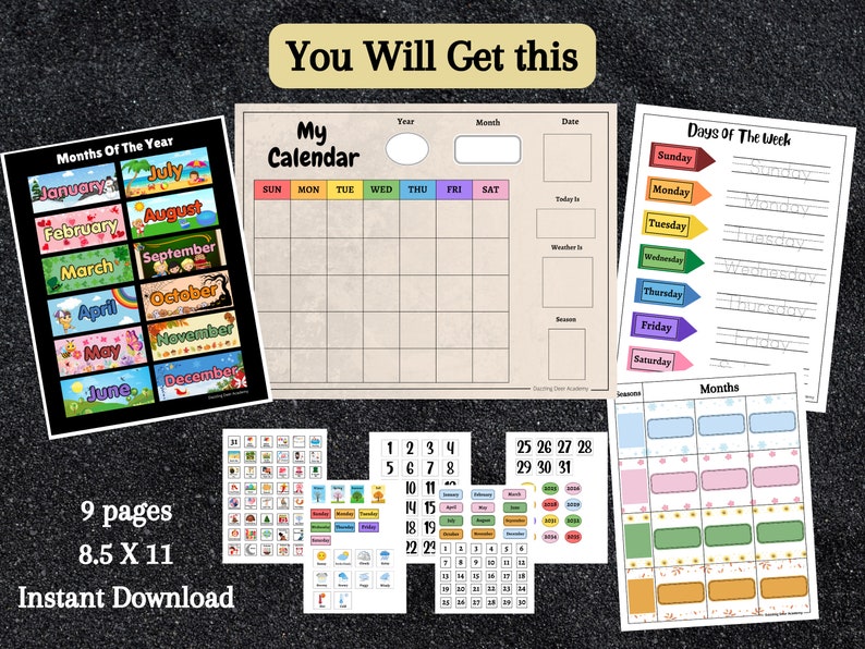 Kids Calendar Printable, Daily Perpetual Wall Calendar, Homeschool ...