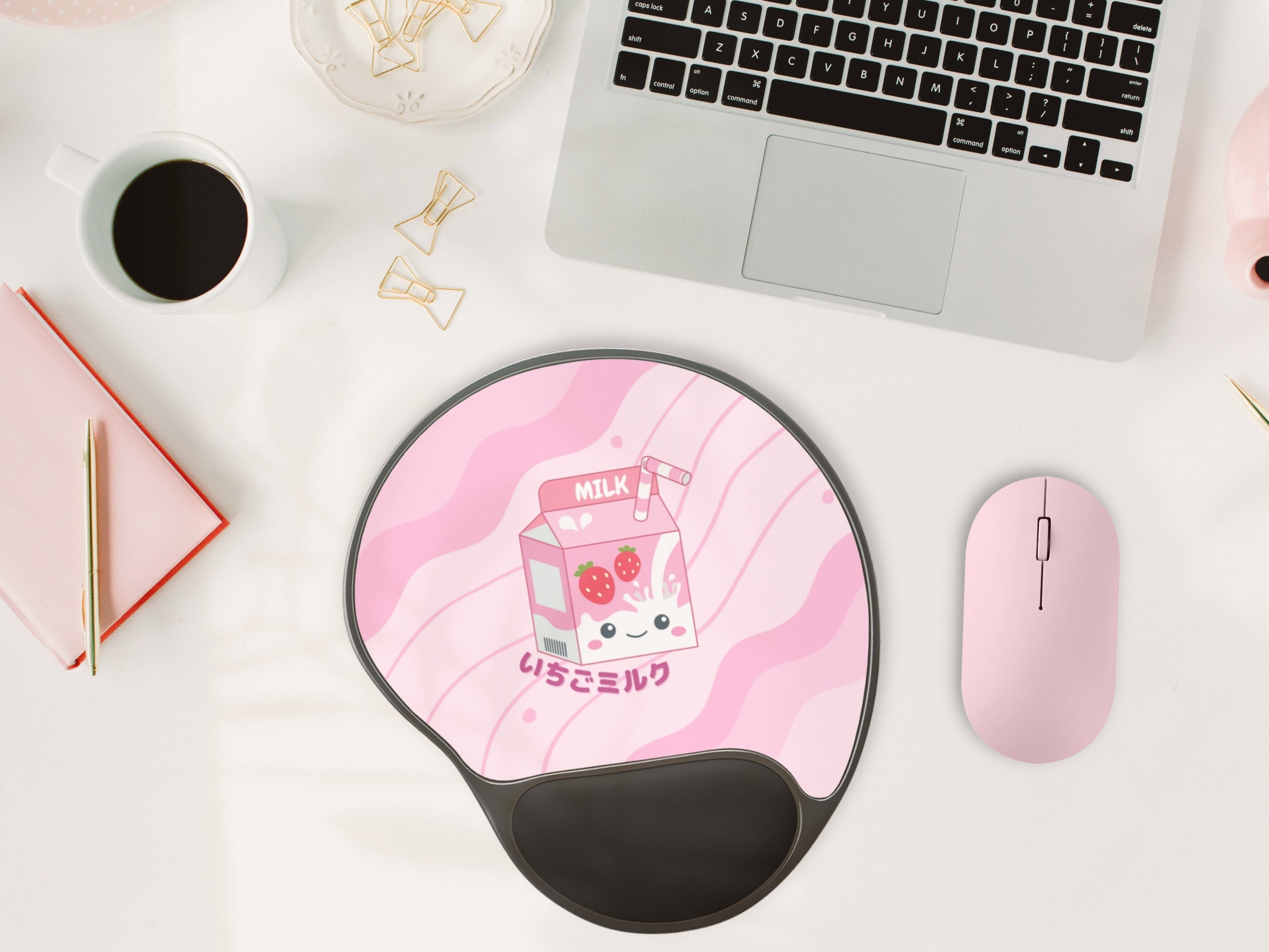 Pink Strawberry Milk Mouse Pad With Wrist Rest, Kawaii Mouse Pad ...