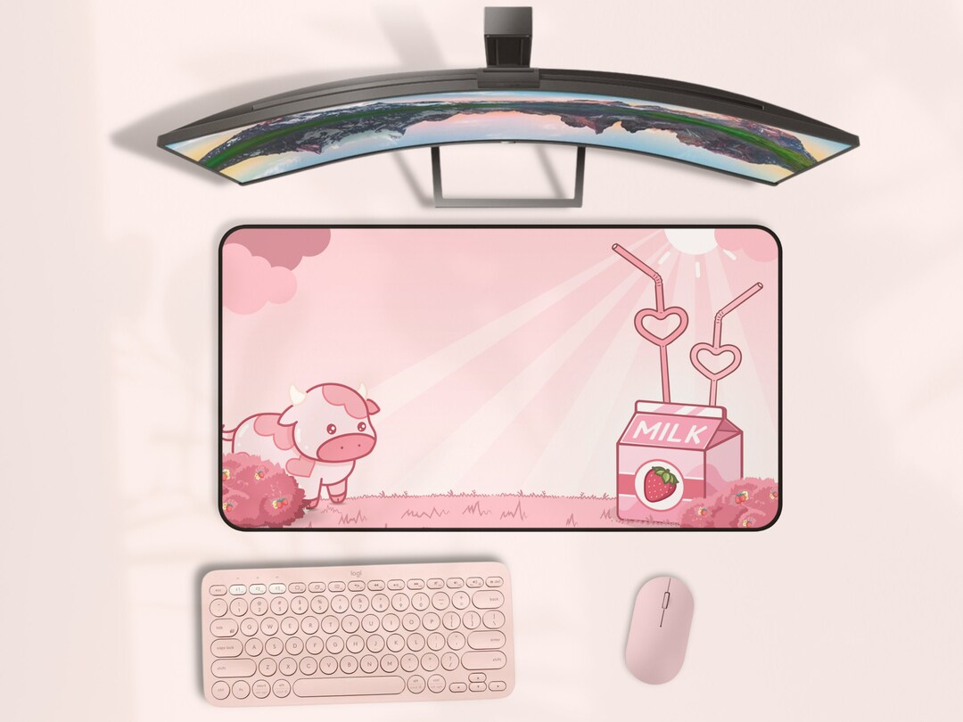 Strawberry Milk Desk Mat, Kawaii Pink Desk Mat, Cute Mouse Pad, Gamer ...