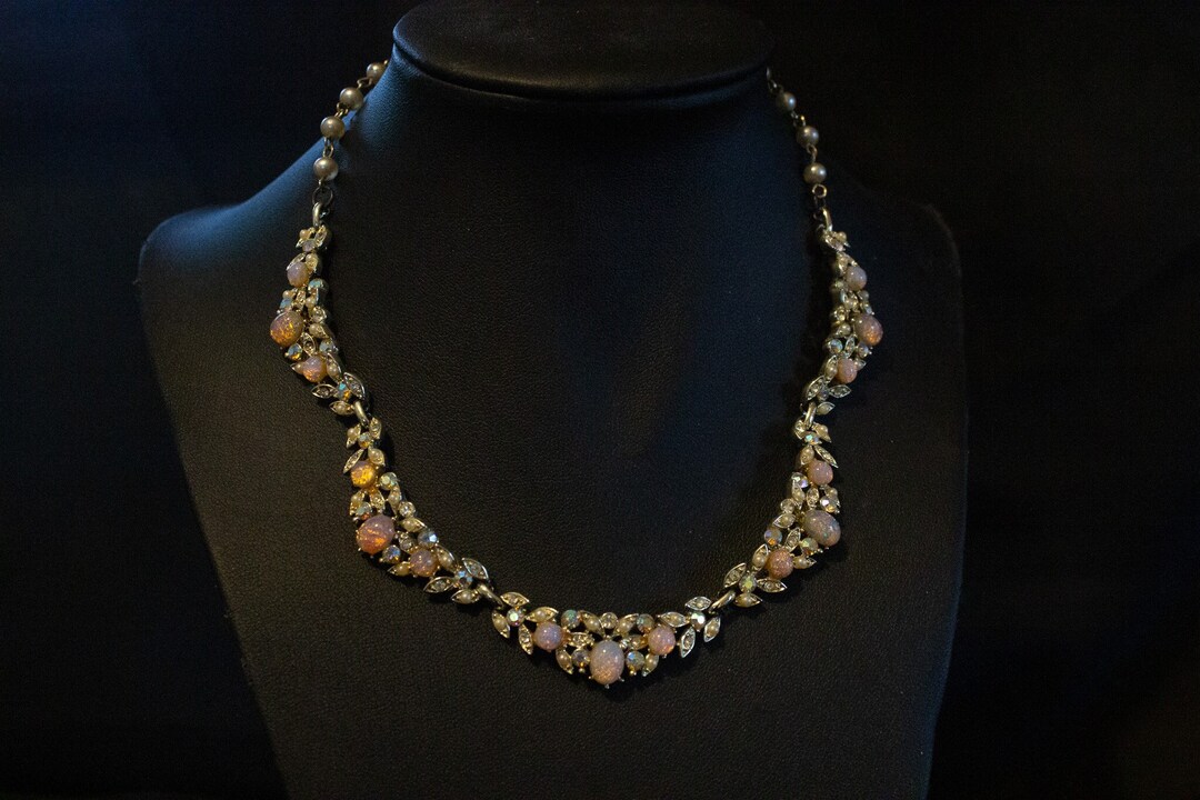 Beautiful Lisner Pink Flower Silver Necklace With Pink Aurora Borealis ...