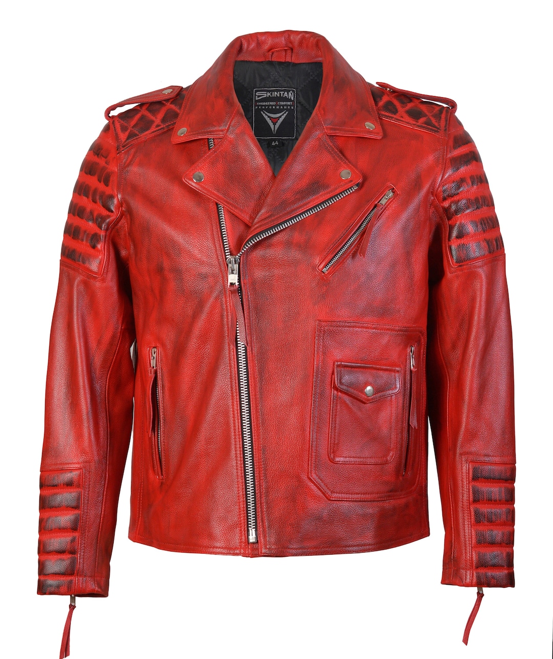 Valdez Men's Real Leather Red Motorcycle Leather Biker Jacket in Dirty ...