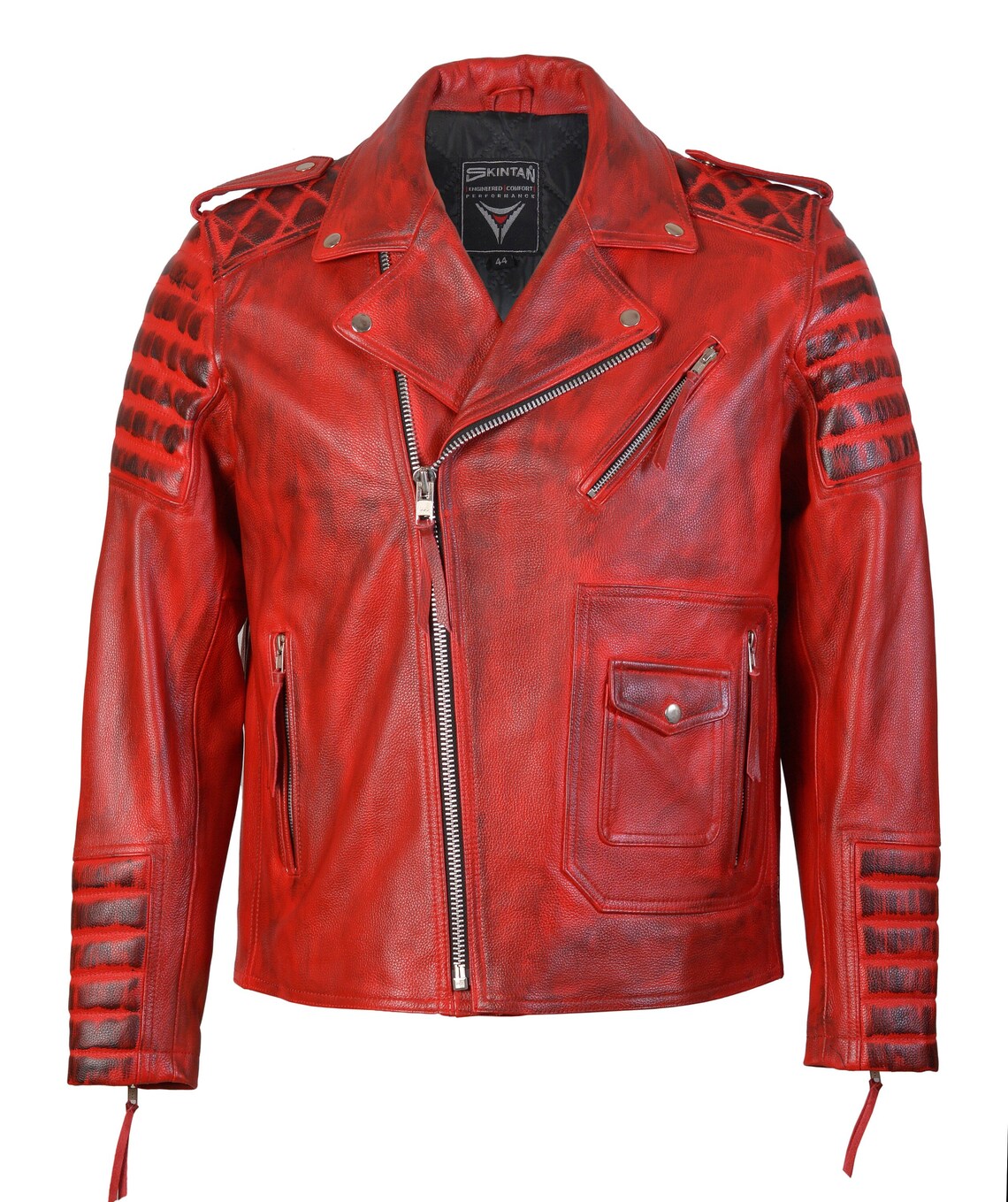 Valdez Men's Real Leather Red Motorcycle Leather Biker Jacket in Dirty ...