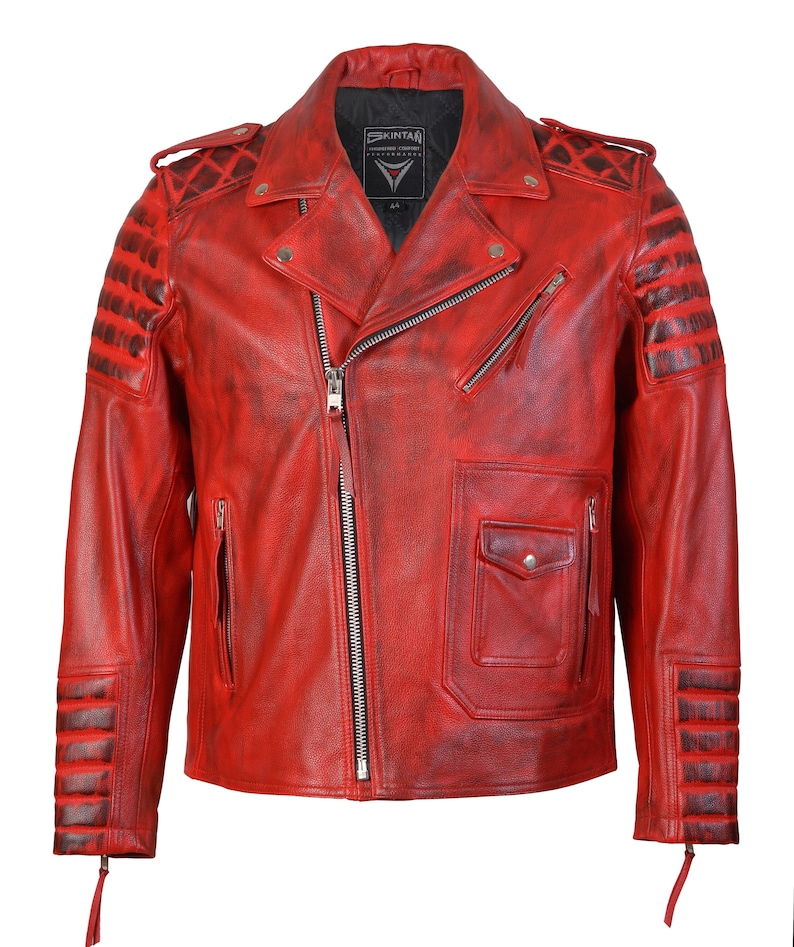 Valdez Men's Real Leather Red Motorcycle Leather Biker Jacket in Dirty ...