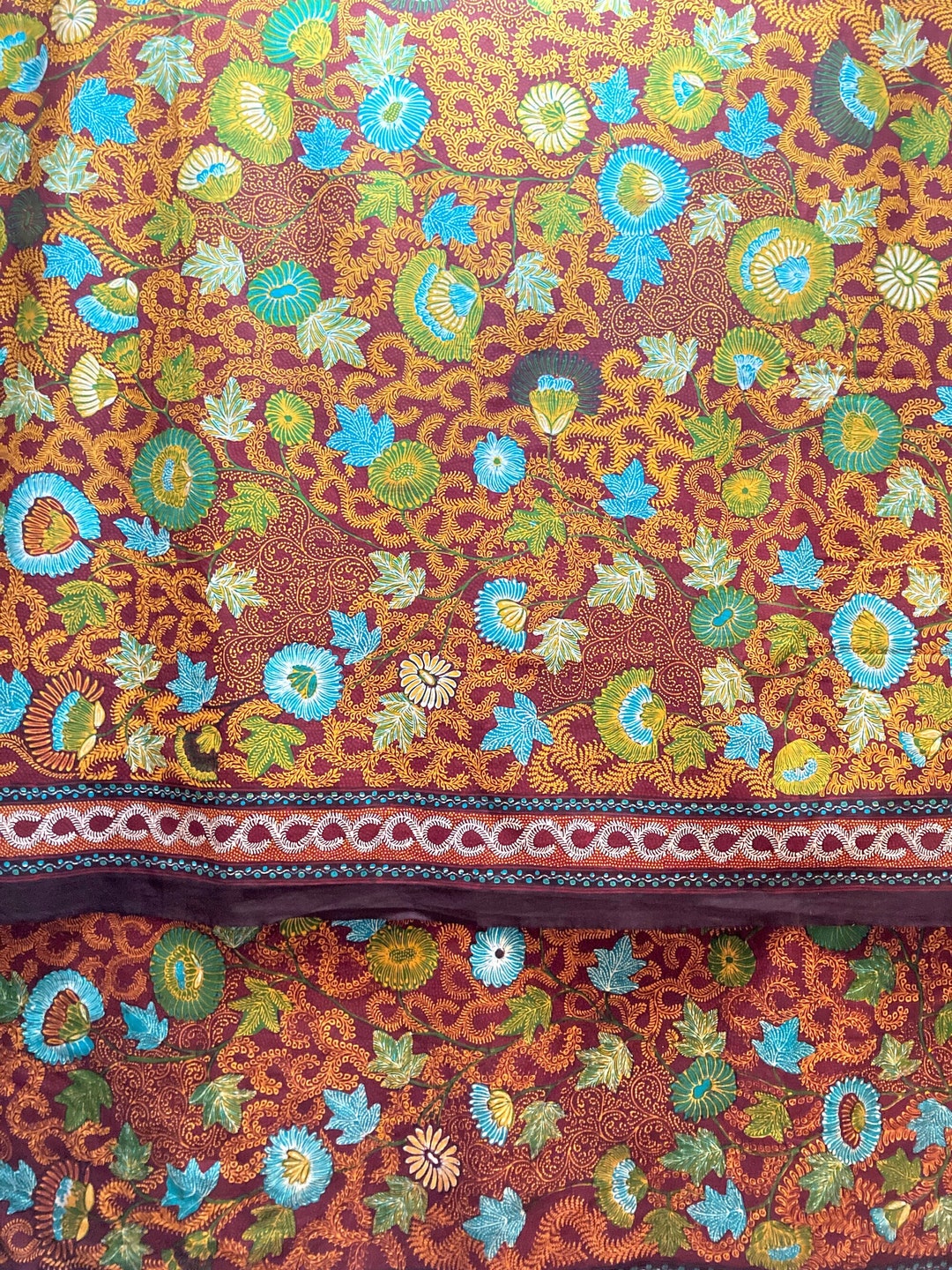 Natural Dye Batik Textile With Hand-drawn Ochre & Turquoise Floral ...