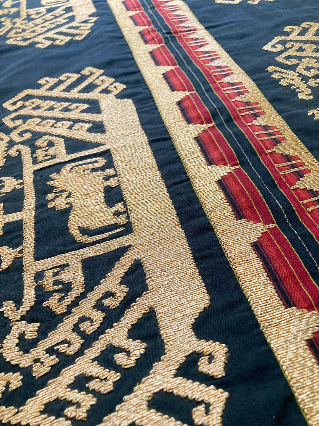 Vintage Handwoven Embroidered Tapestry, Red & Black With Elephant Ship ...
