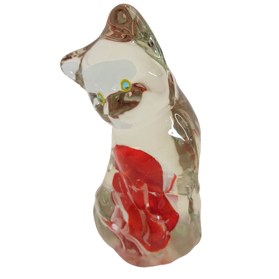 Vintage Clear Art Glass Cat Paperweight Red & White Peppermint Swirls 4 ...