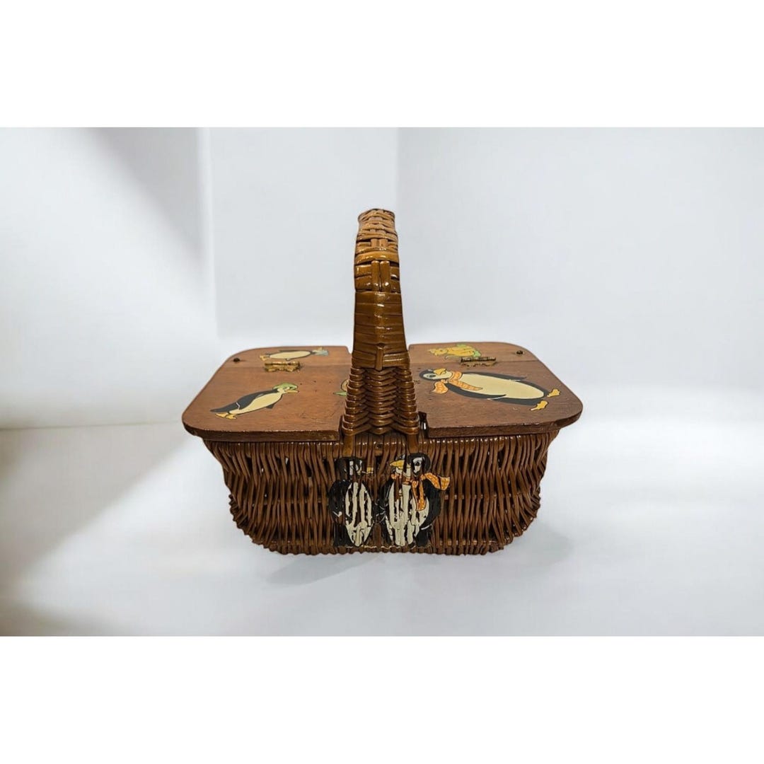 Vintage Wicker Rattan Sewing Basket Purse Hinged Wooden Lid W/handle - Etsy