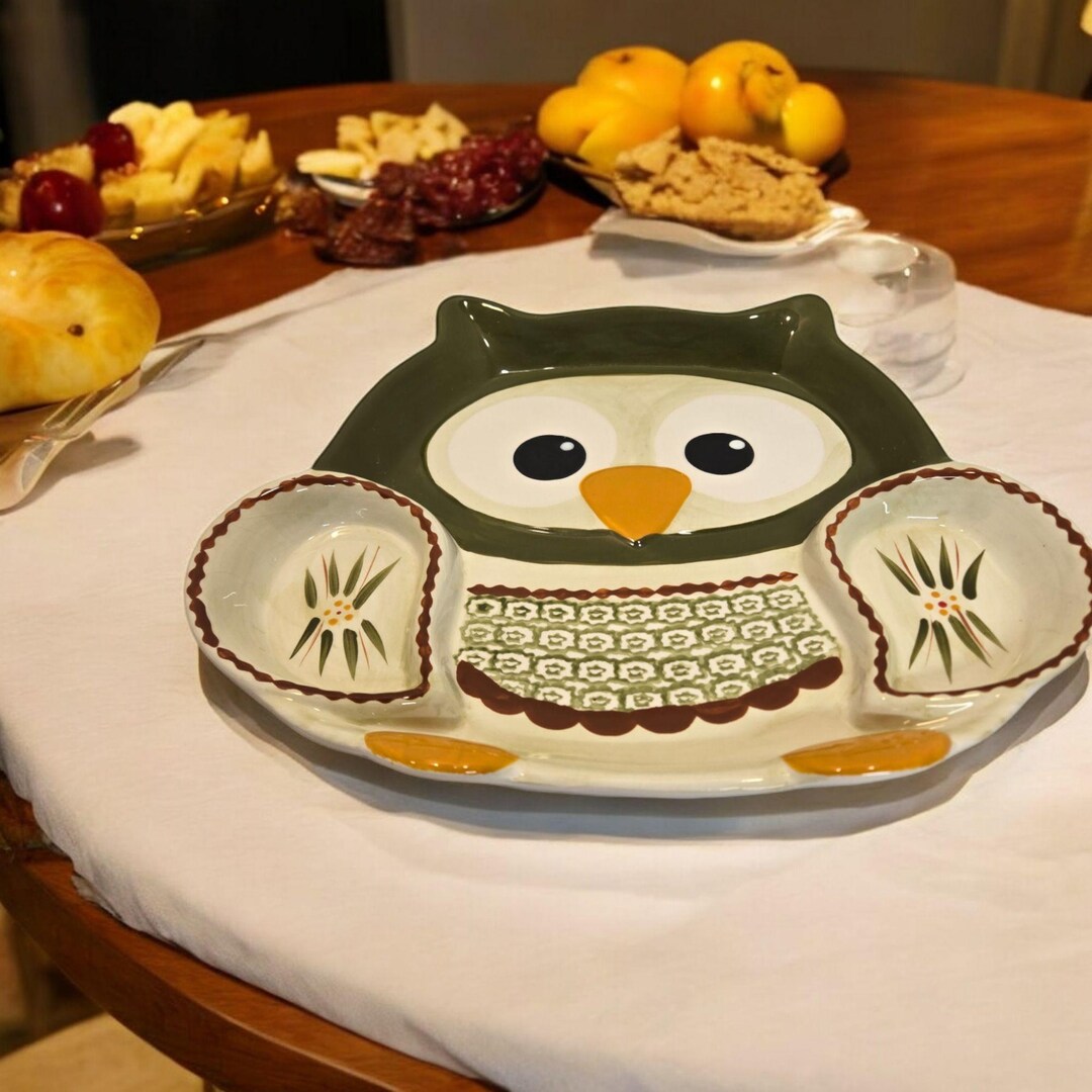 Temptations Green and Gold Owl Chip & Dip Snack Ceramic Plate Tray ...